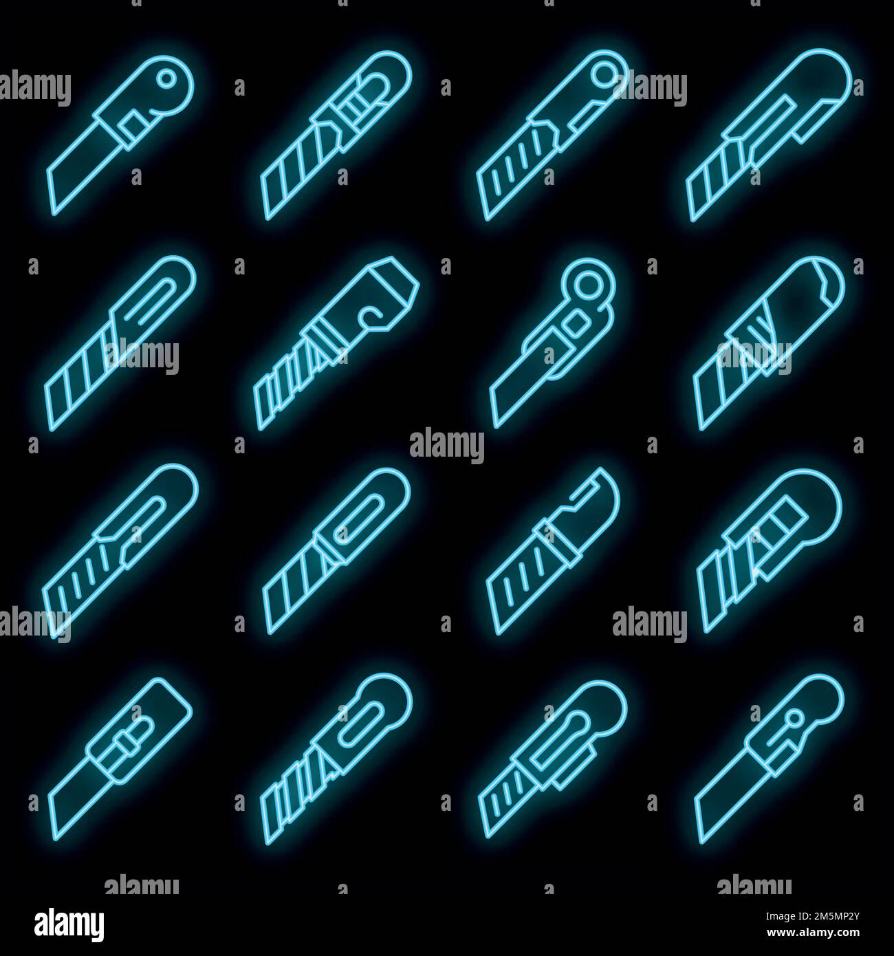 Cutter icons set. Outline set of cutter vector icons neon color on ...