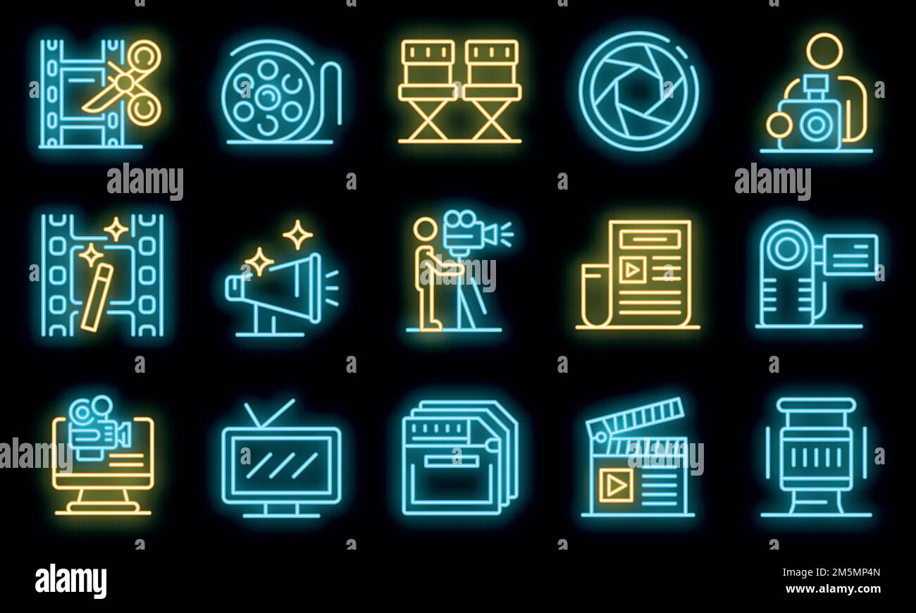 Cameraman icons set. Outline set of cameraman vector icons neon color ...
