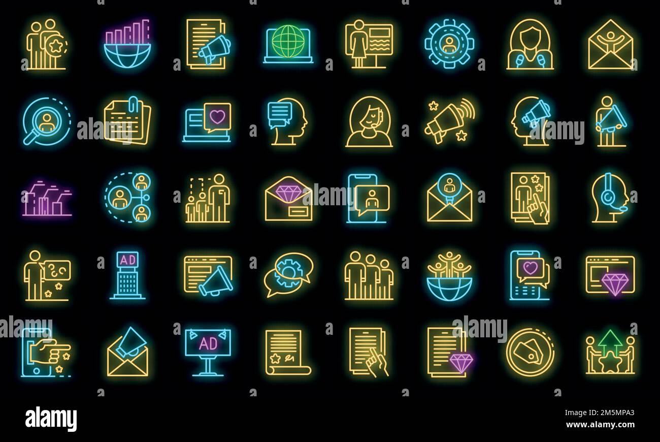 PR specialist icons set. Outline set of PR specialist vector icons neon ...