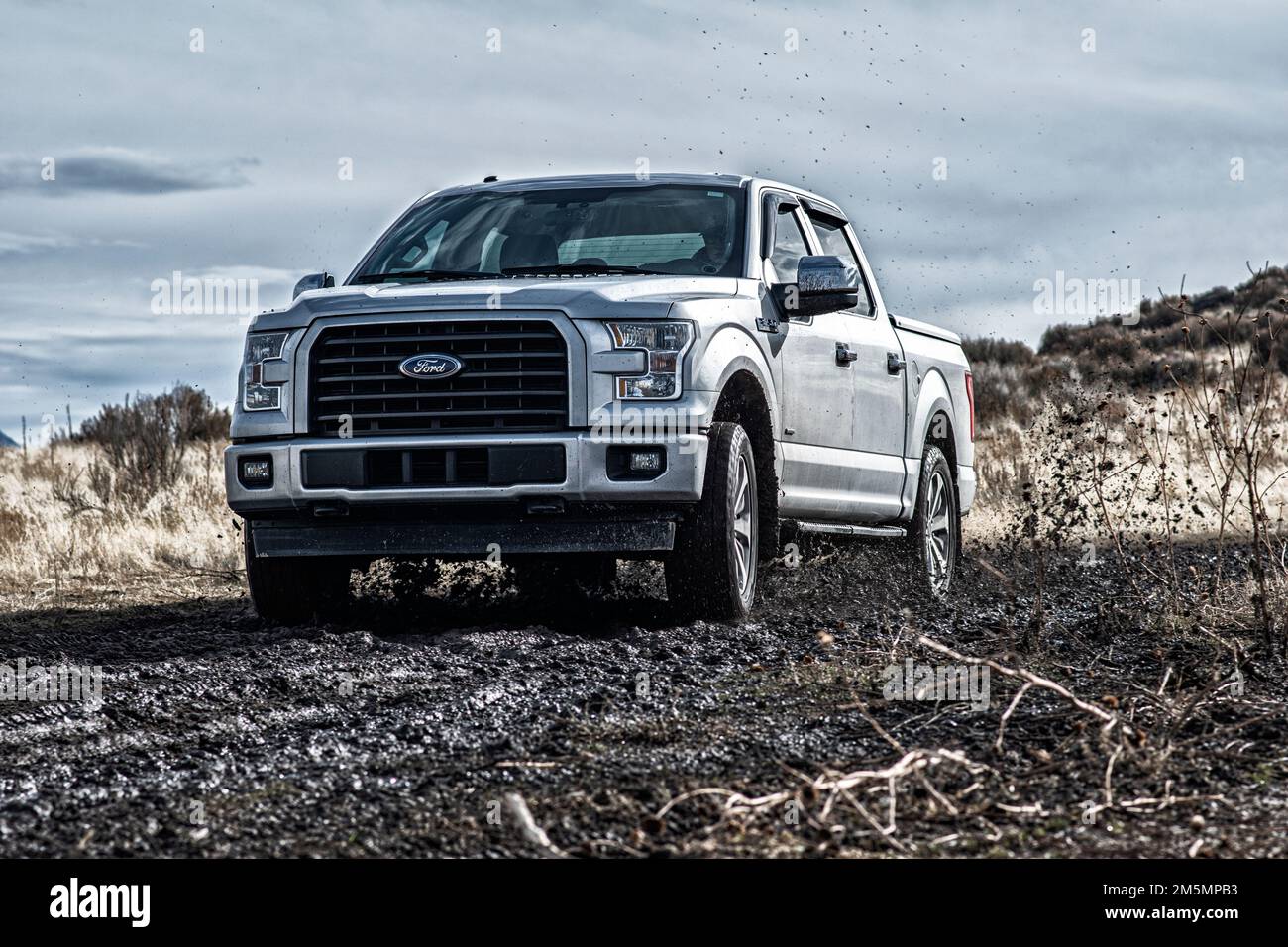 The Ford F150 Silver Truck Car 4x4 SUV driving in the mud Stock Photo ...