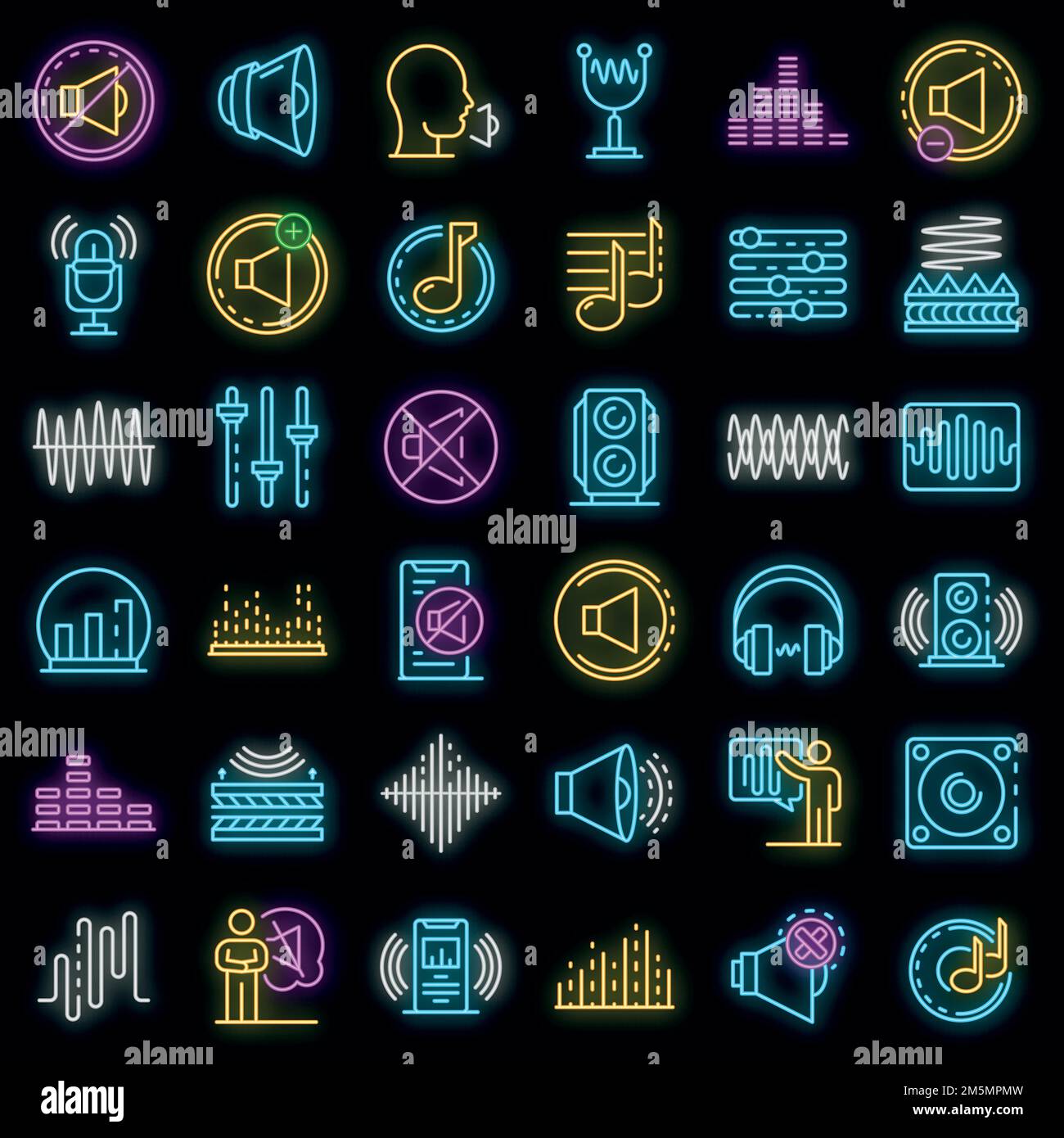 Acoustics icons set. Outline set of acoustics vector icons neon color ...