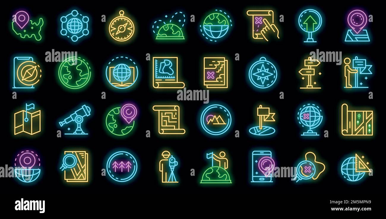 Cartographer icons set. Outline set of cartographer vector icons neon ...