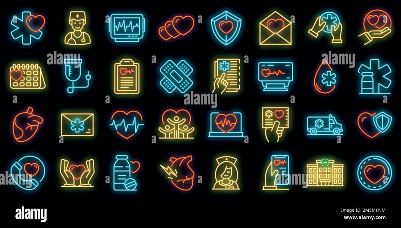 Cardiologist icons set. Outline set of Cardiologist vector icons neon ...