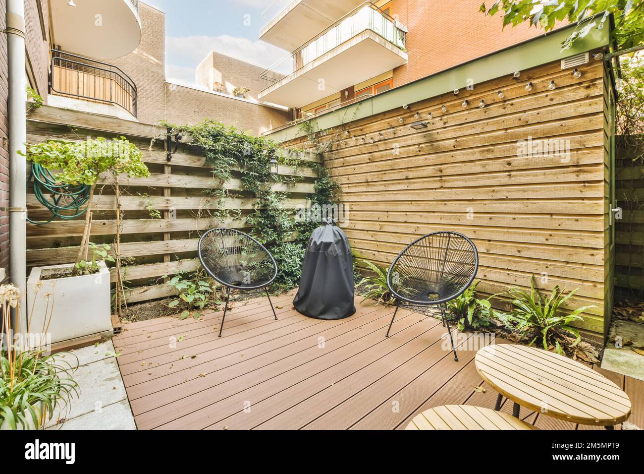 a backyard area with wooden decking and plants on the wall, two chairs ...