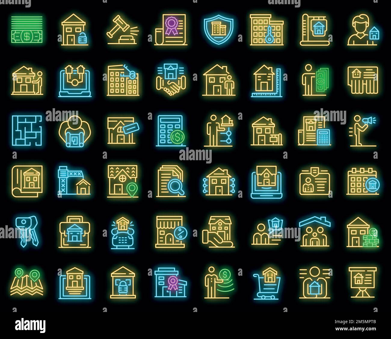 Realtor icons set. Outline set of realtor vector icons neon color on ...