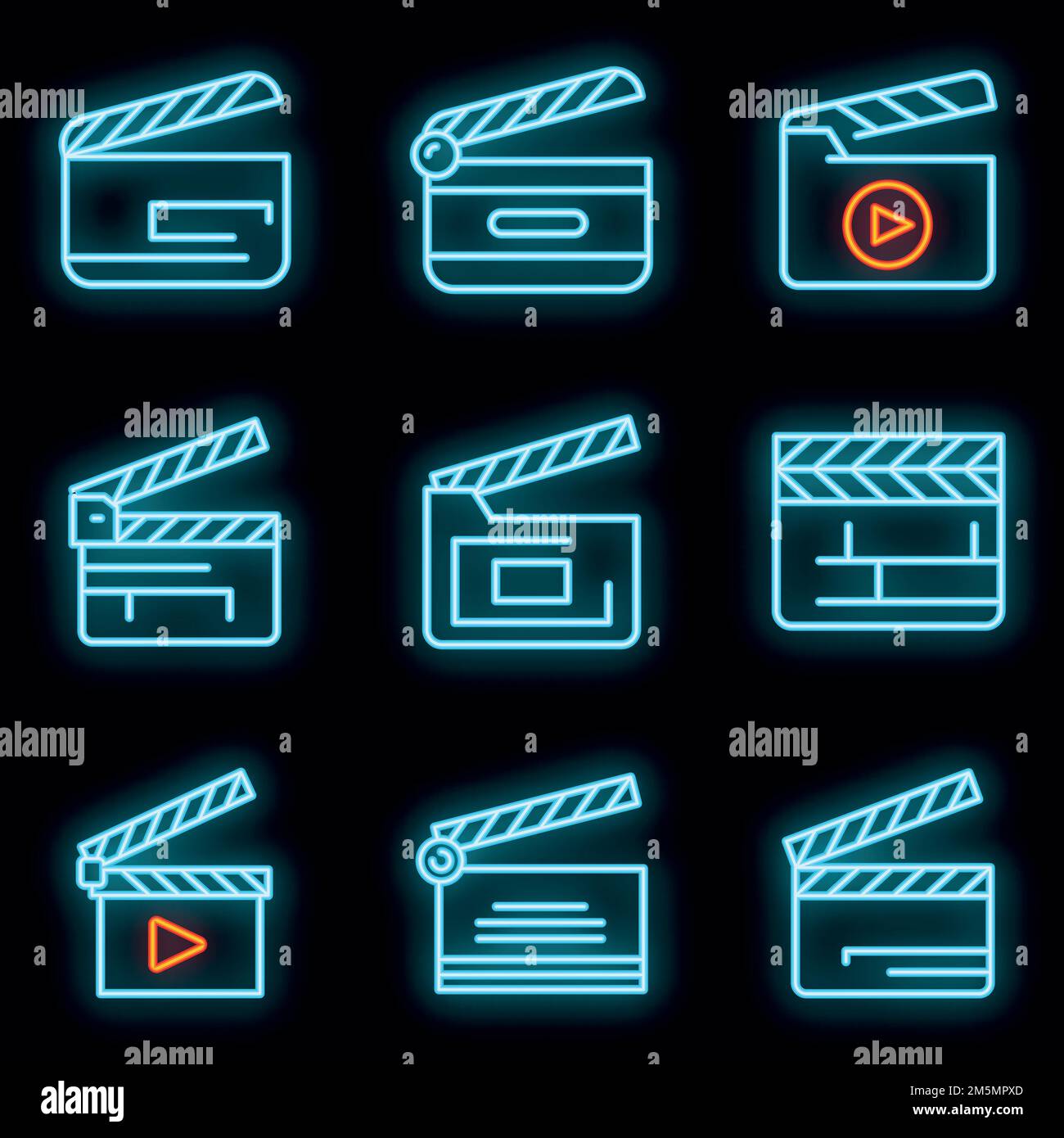 Clapper icons set. Outline set of clapper vector icons neon color on ...