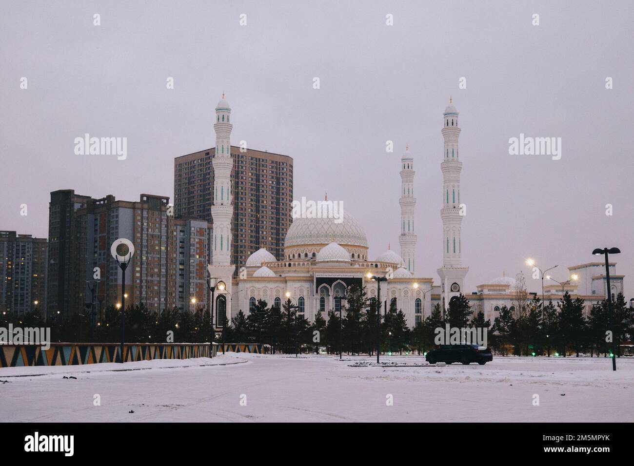 Panoramic view of snow-white modern Hazaret Sultan mosque early morning ...