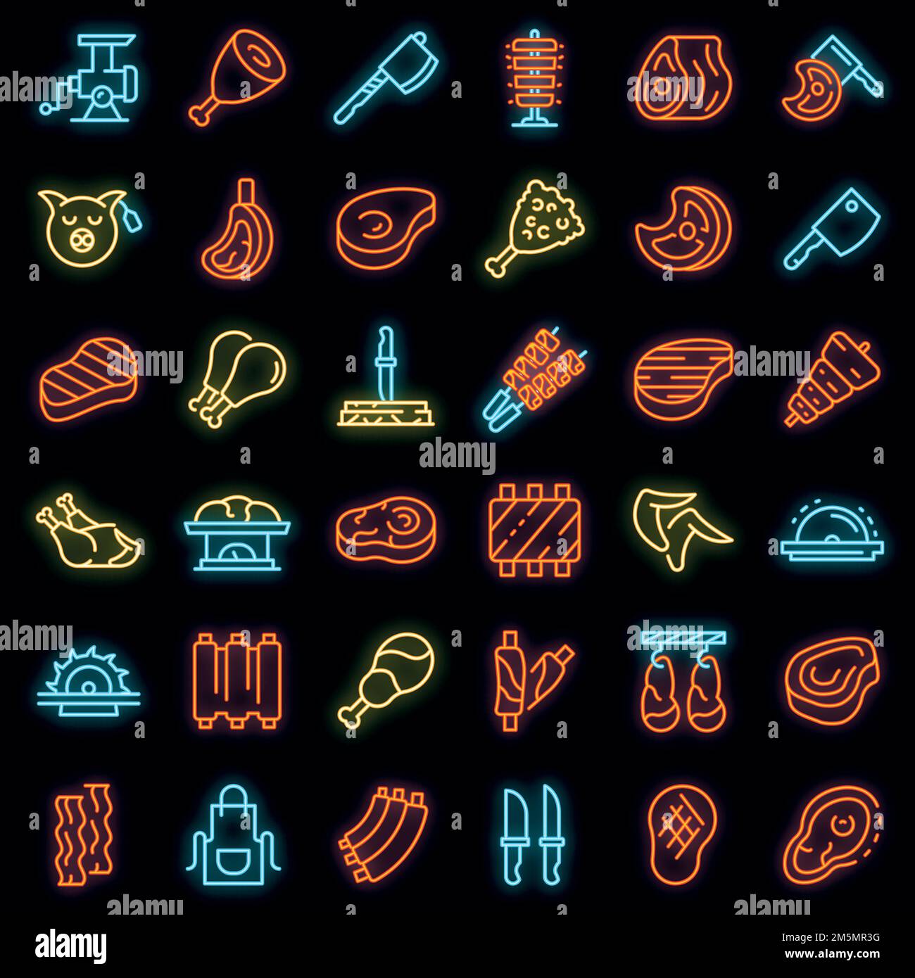 Meat icons set. Outline set of meat vector icons neon color on black ...