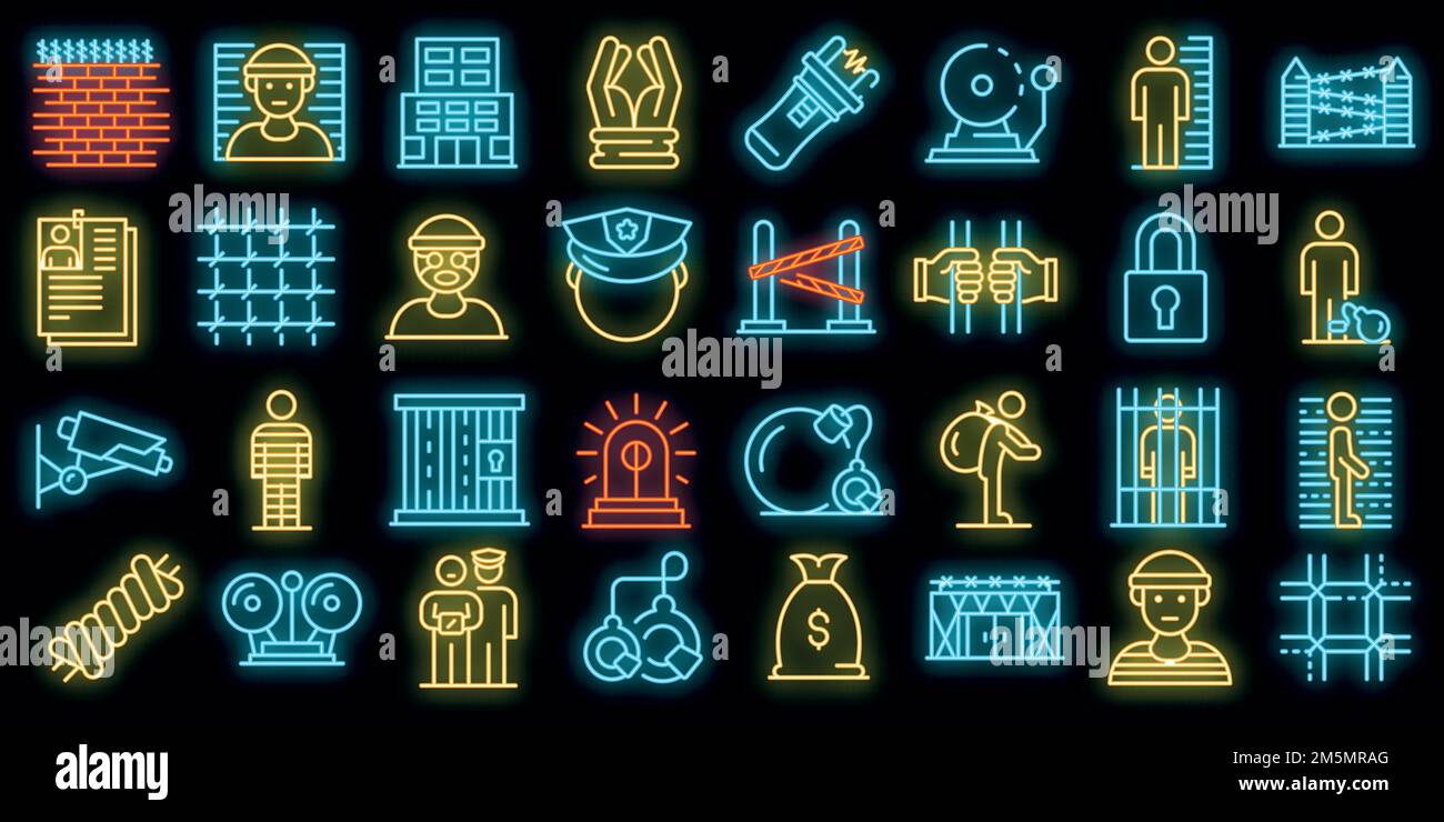 Prison icons set. Outline set of prison vector icons neon color on ...
