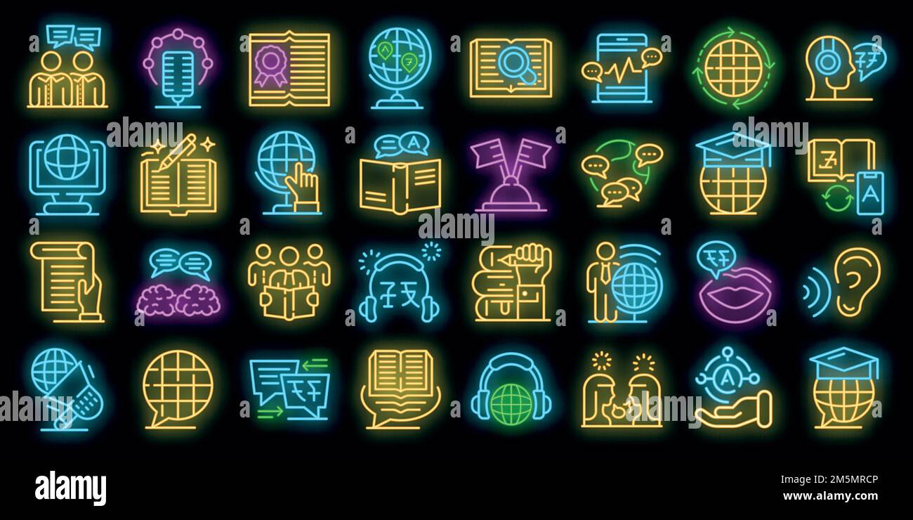 Translator icons set. Outline set of translator vector icons neon color ...