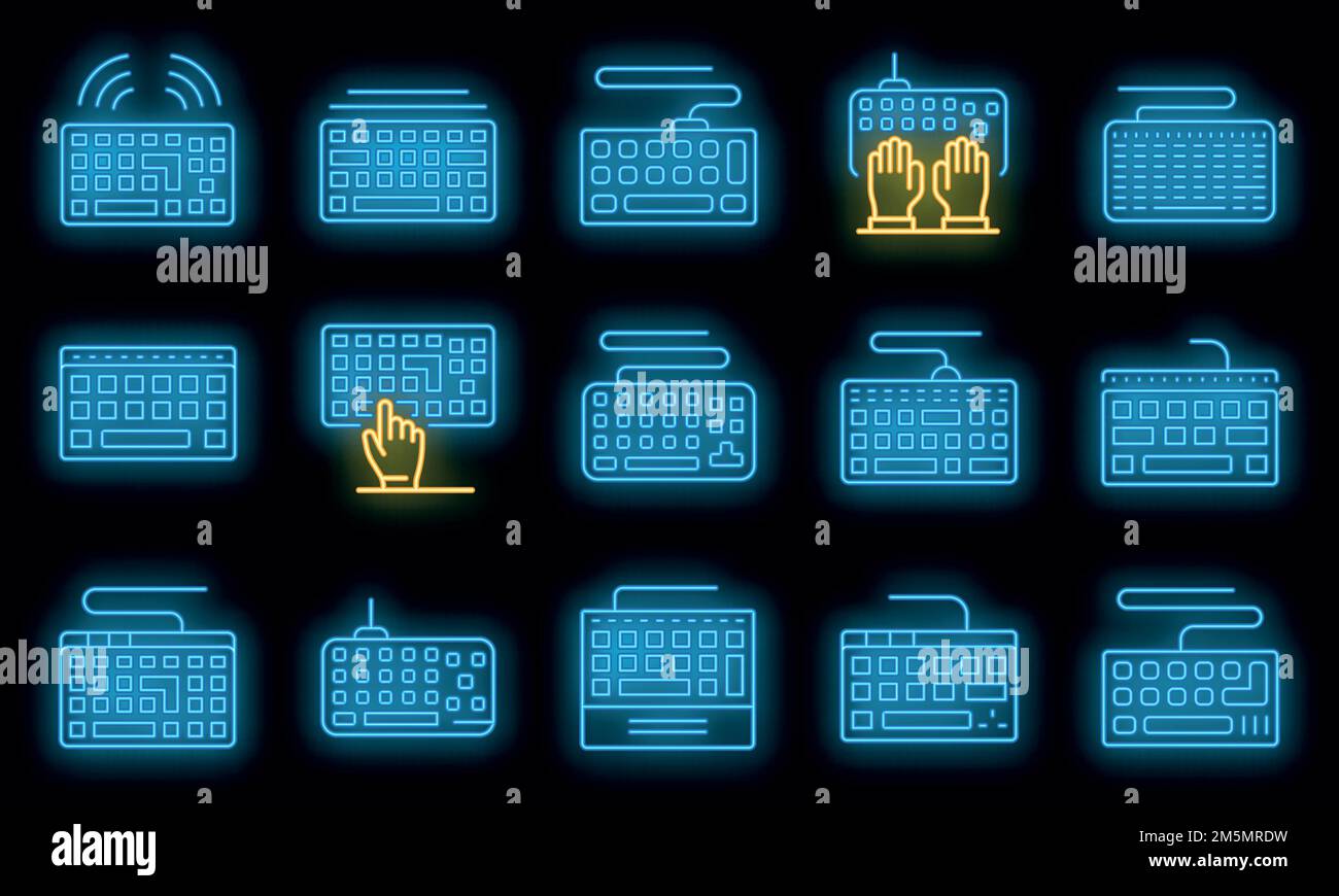 Keyboard icons set. Outline set of keyboard vector icons neon color on black Stock Vector Image ...