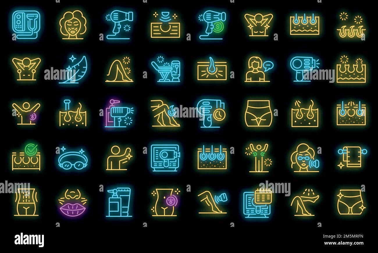 Laser hair removal icons set. Outline set of laser hair removal vector icons neon color on black ...