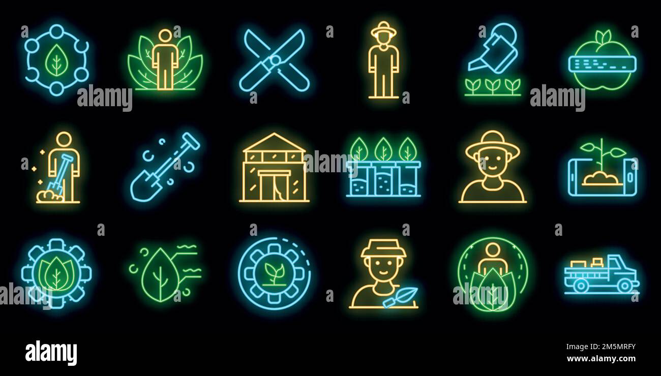 Agronomist icons set. Outline set of agronomist vector icons neon color ...