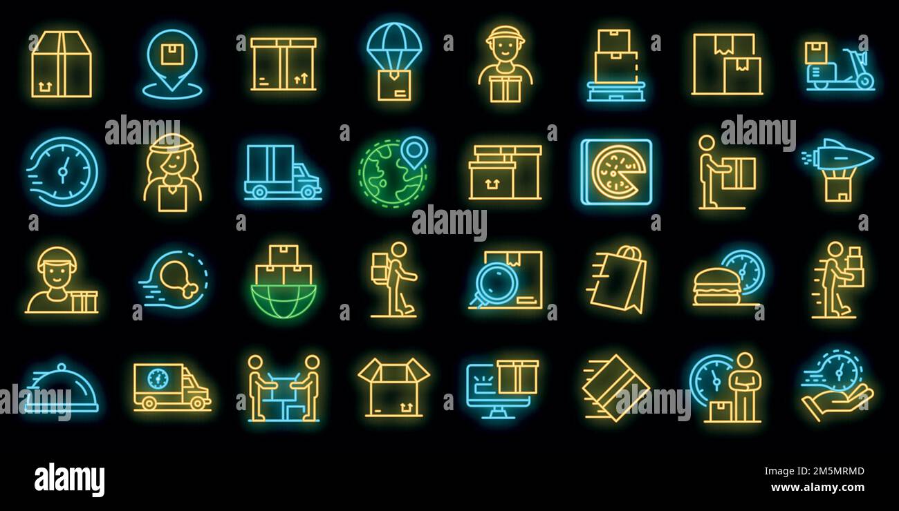 Courier icons set. Outline set of courier vector icons neon color on ...