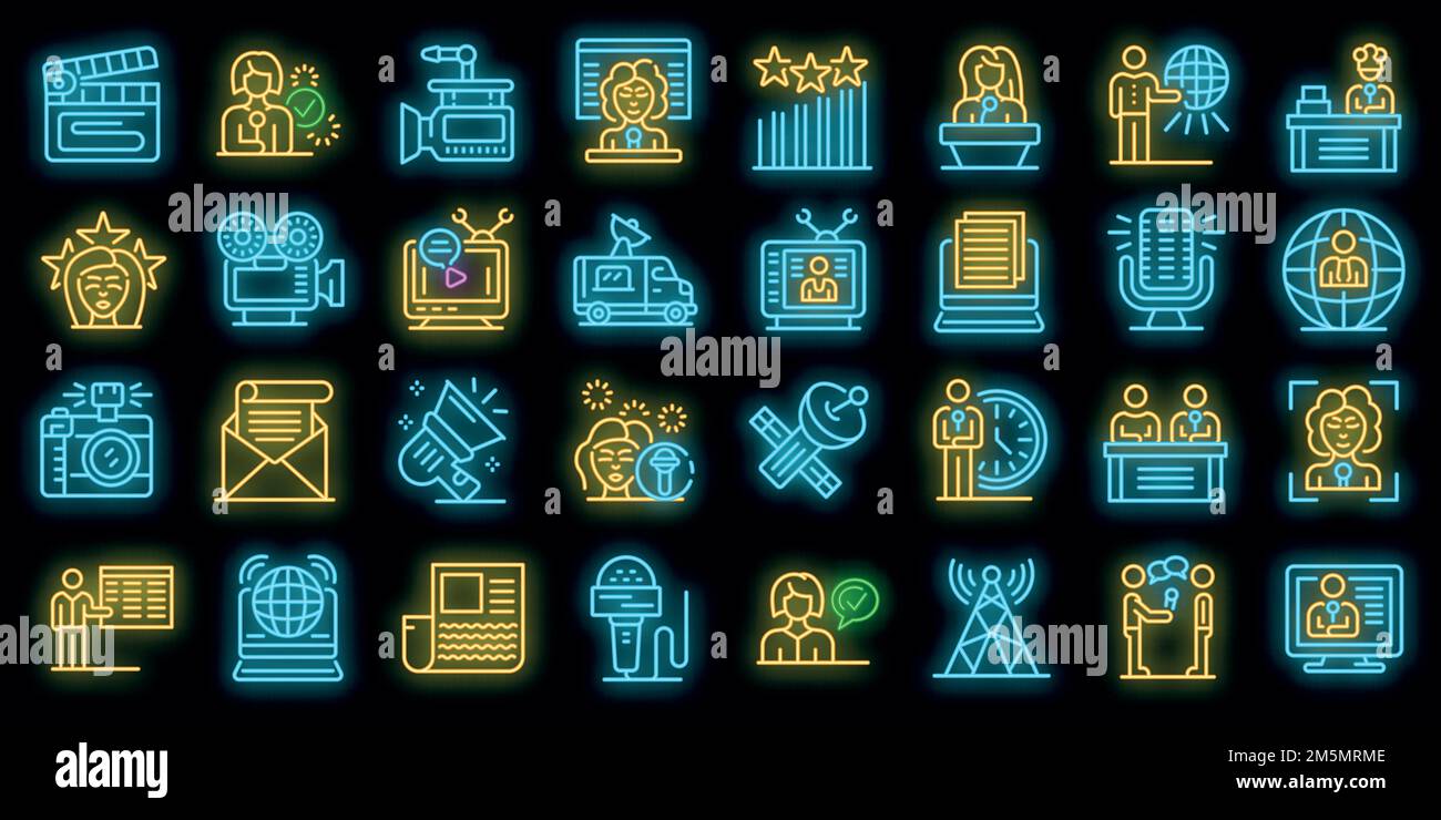 TV presenter icons set. Outline set of TV presenter vector icons neon ...
