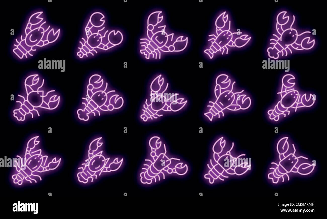Lobster icons set. Outline set of lobster vector icons neon color on ...