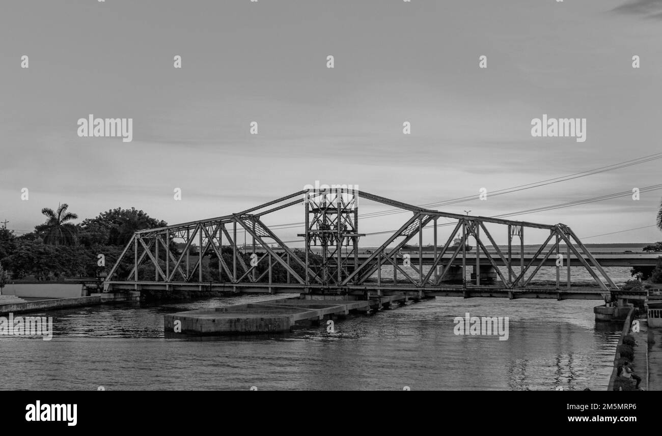 A bridge over the river in Matanzas, grayscale Stock Photo - Alamy