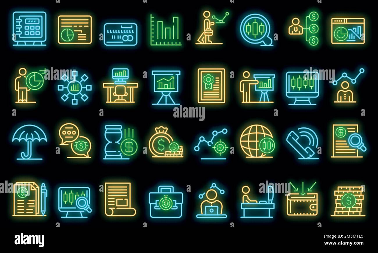 Trader icons set. Outline set of trader vector icons neon color on black Stock Vector Image ...