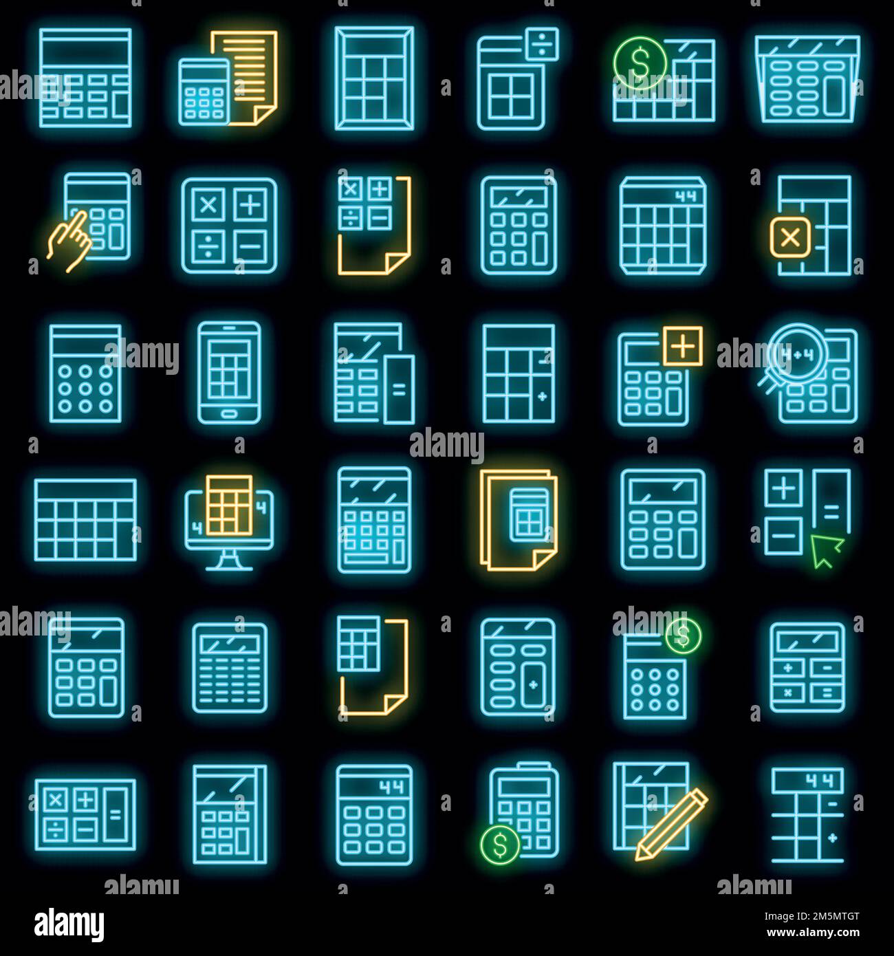 Calculator icons set. Outline set of calculator vector icons neon color ...