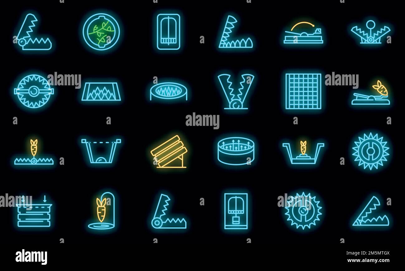 Animal trap icons set. Outline set of animal trap vector icons neon ...