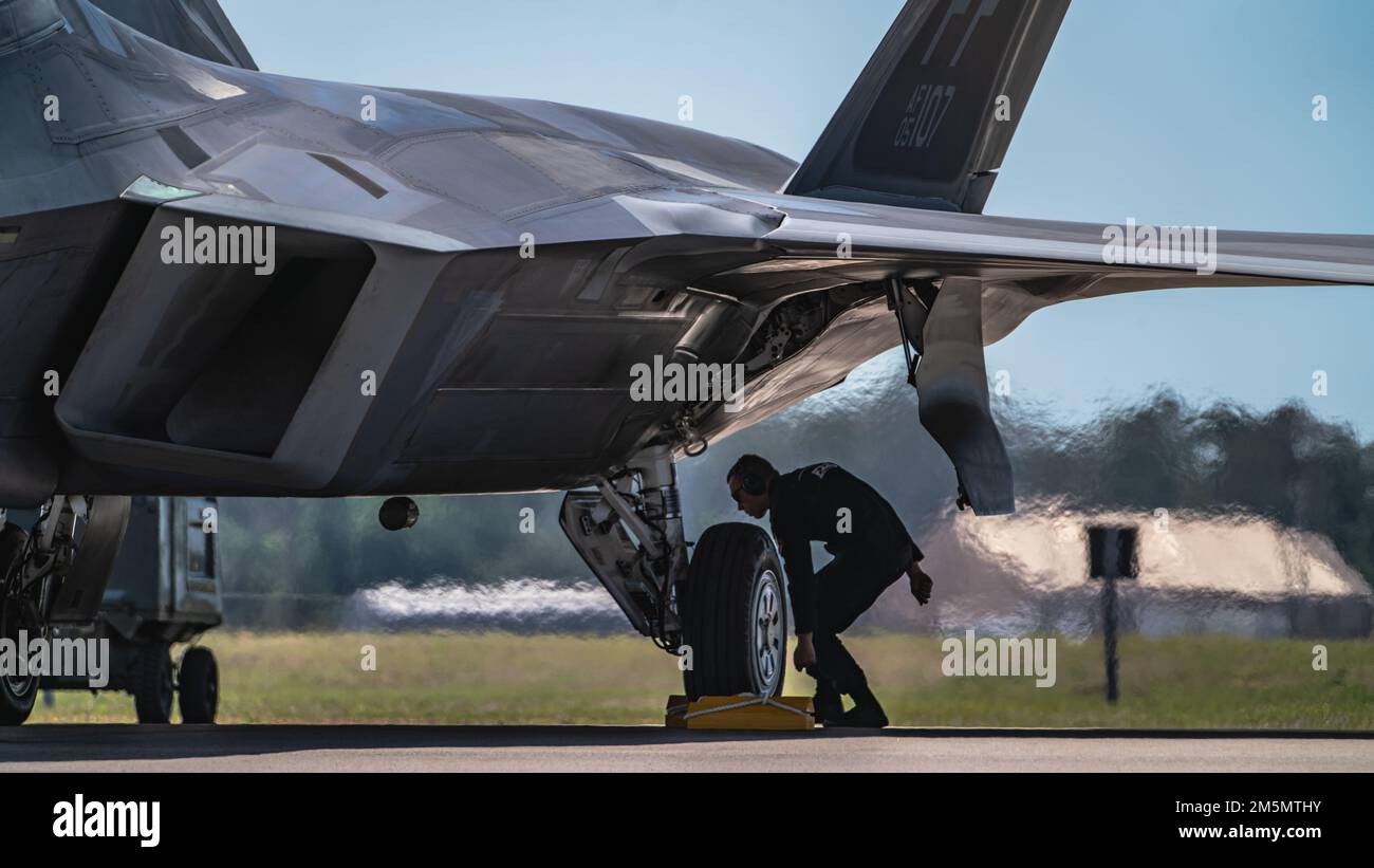 A maintainer with the F-22 Raptor Demonstration Team makes preparations ...