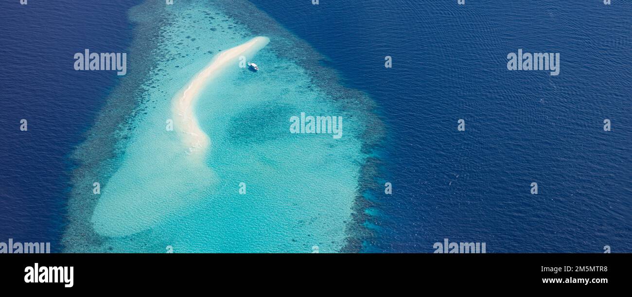 Aerial picture of turquoise blue tropical ocean lagoon, white sandy ...