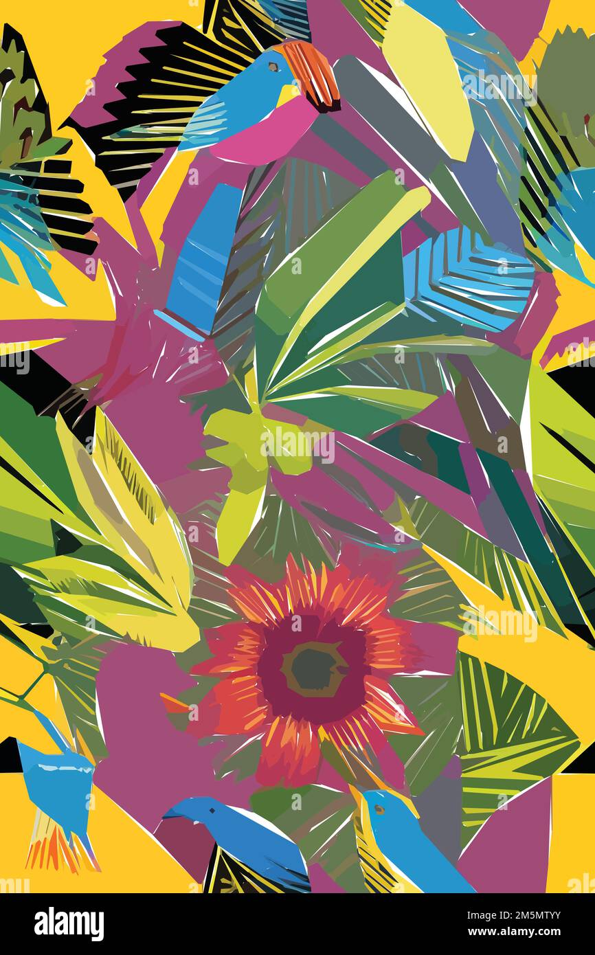 Colorful illustration of bird, flowers, leaves. Vector for wallpapers ...