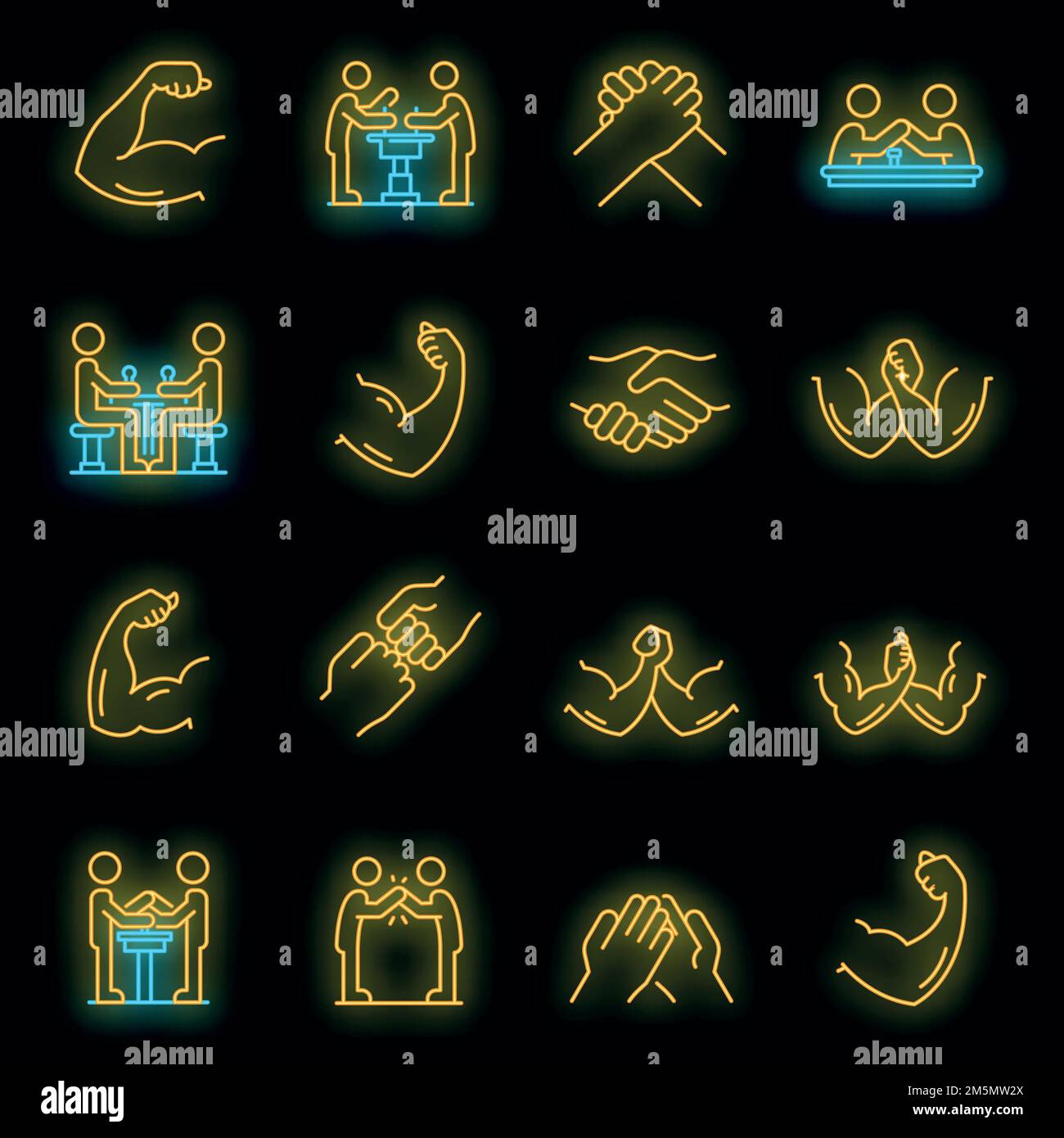 Arm wrestling icons set. Outline set of arm wrestling vector icons neon ...