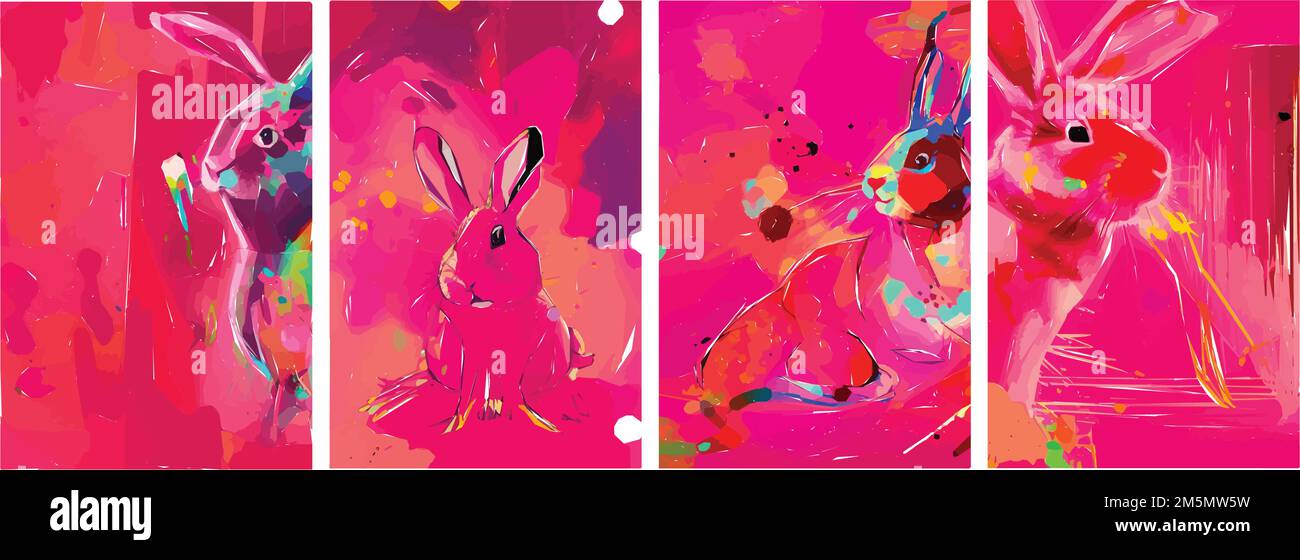 Rabbit on red abstract background with colorful paint, splatter and ...