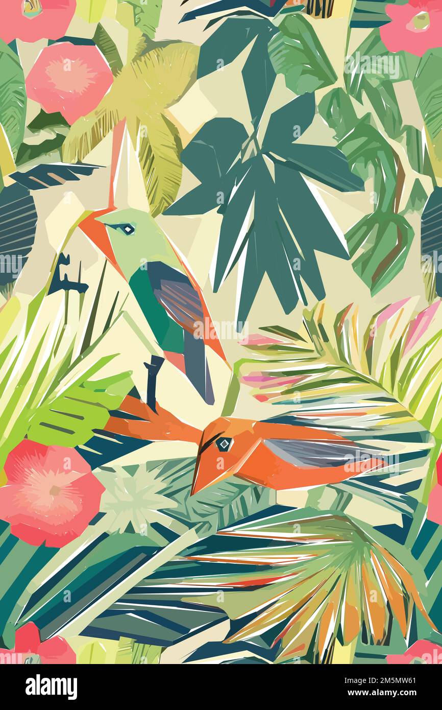 Colorful illustration of bird, flowers, leaves. Vector for wallpapers ...