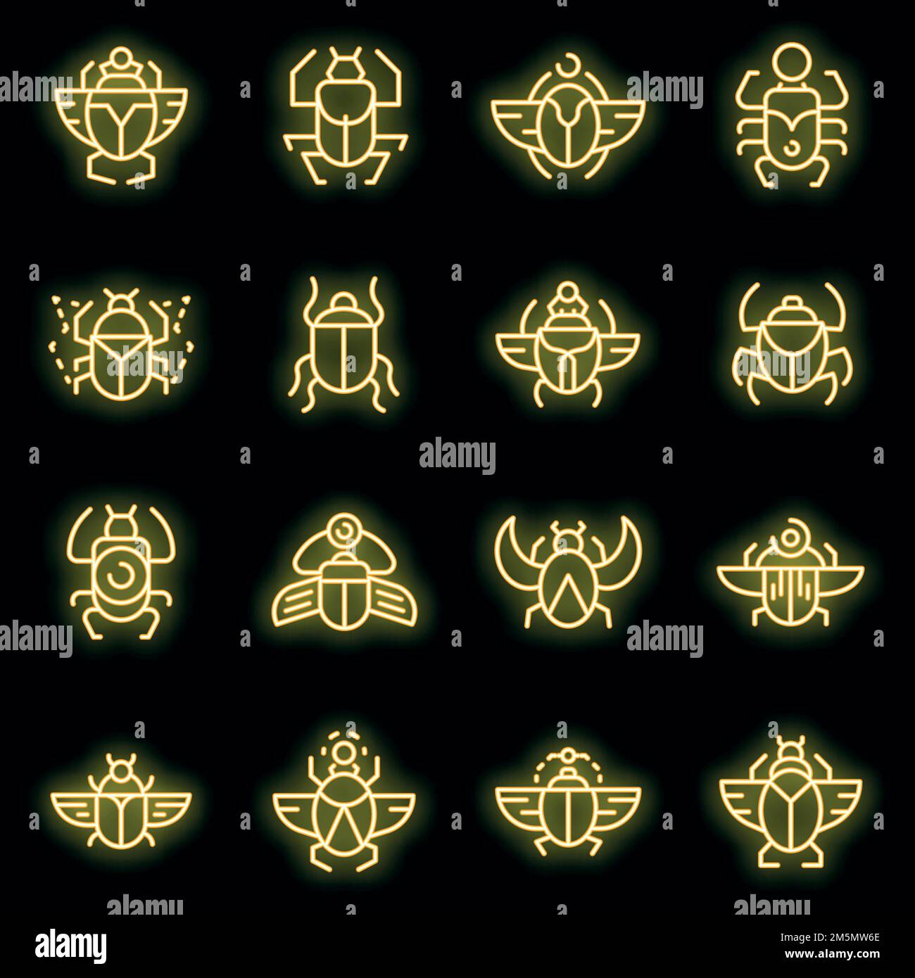 Scarab beetle icons set. Outline set of scarab beetle vector icons neon ...