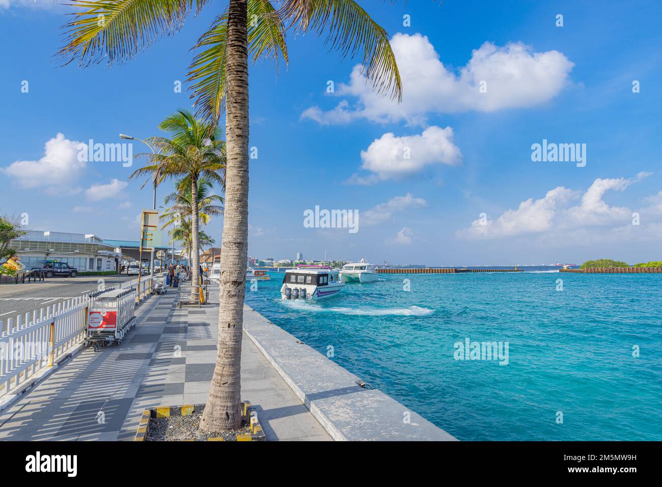 Hulhule island, Maldives - 01.19.22: Boats at the harbor next to ...
