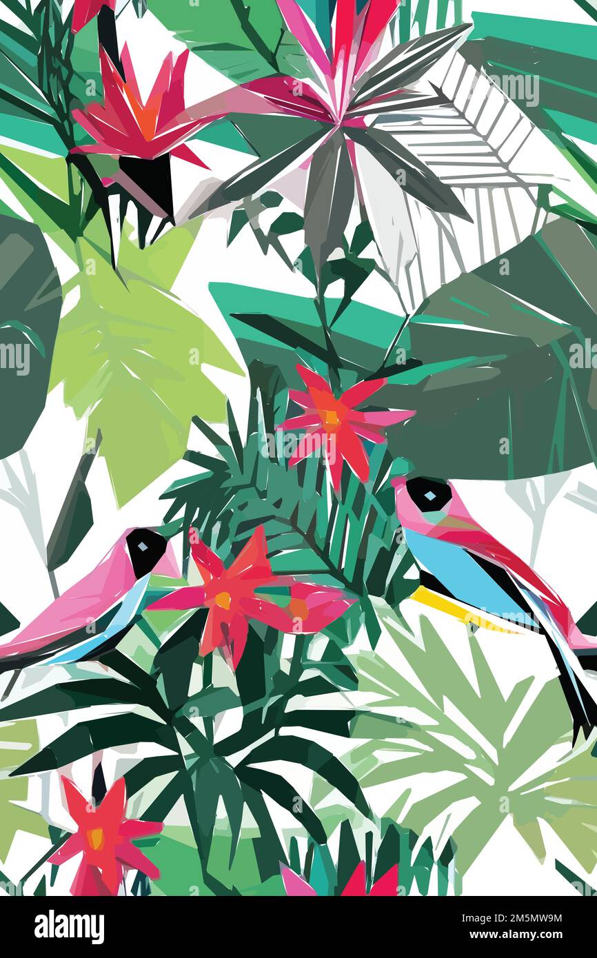 Colorful illustration of bird, flowers, leaves. Vector for wallpapers ...