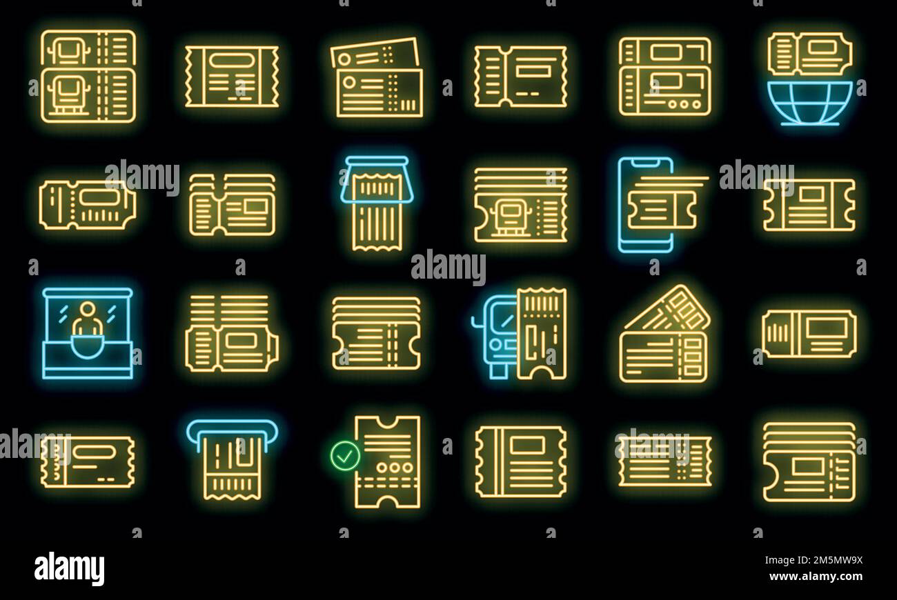 Bus ticketing icons set. Outline set of bus ticketing vector icons neon ...