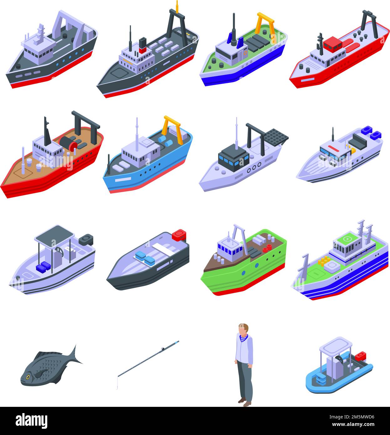 Fishing boat icons set. Isometric set of fishing boat vector icons for ...