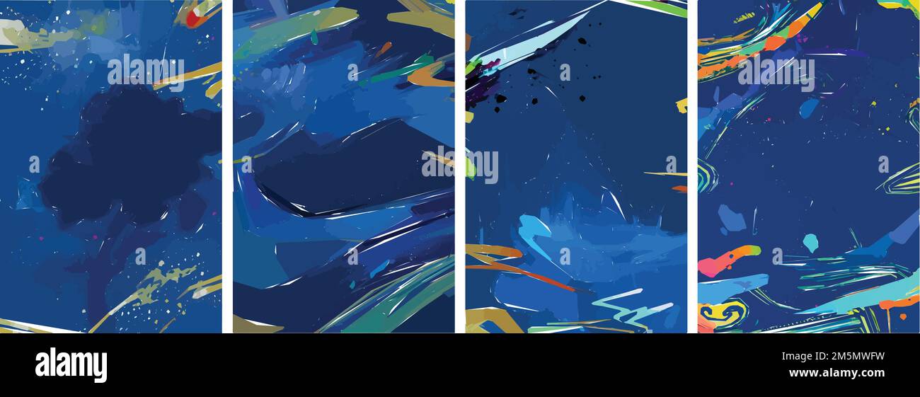 Blue abstract background with gold. Doodle, paint, splatter and shapes ...