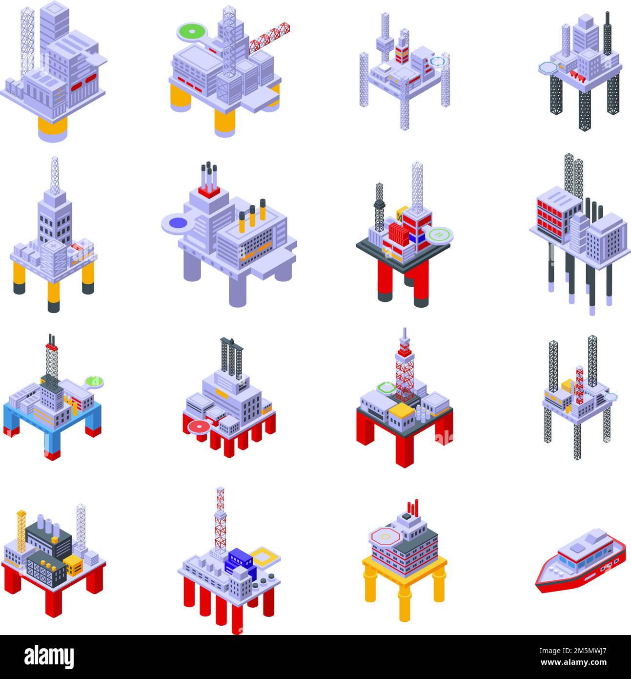 Sea drilling rig icons set. Isometric set of sea drilling rig vector ...