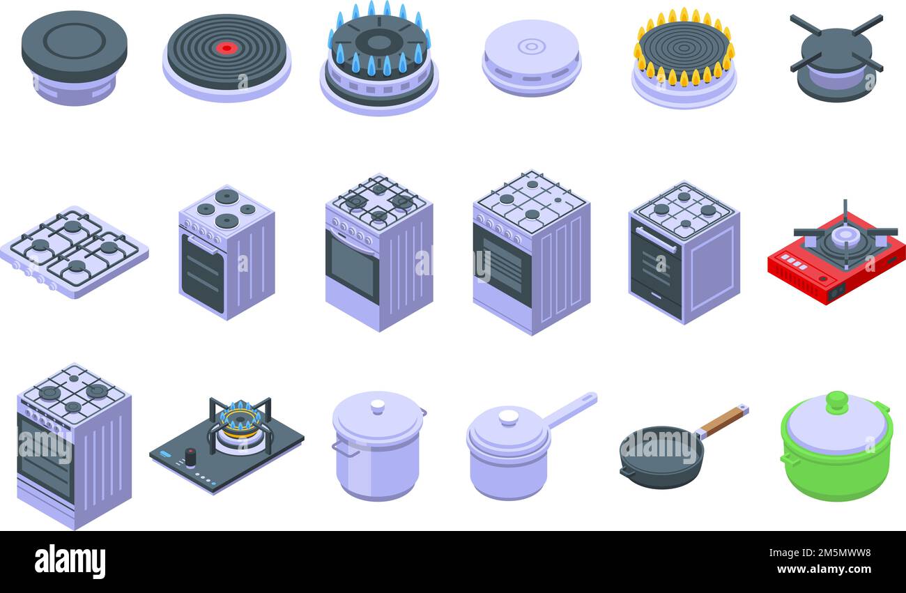 Burning gas stove icons set. Isometric set of burning gas stove vector ...