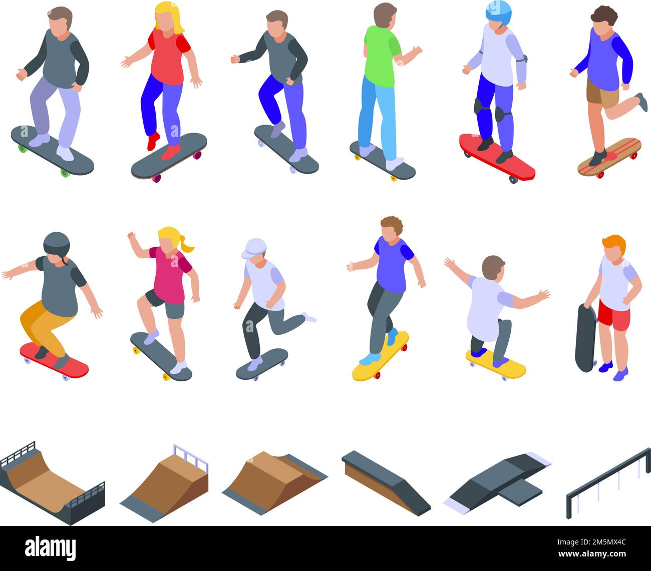 Children skateboarding icons set. Isometric set of children ...