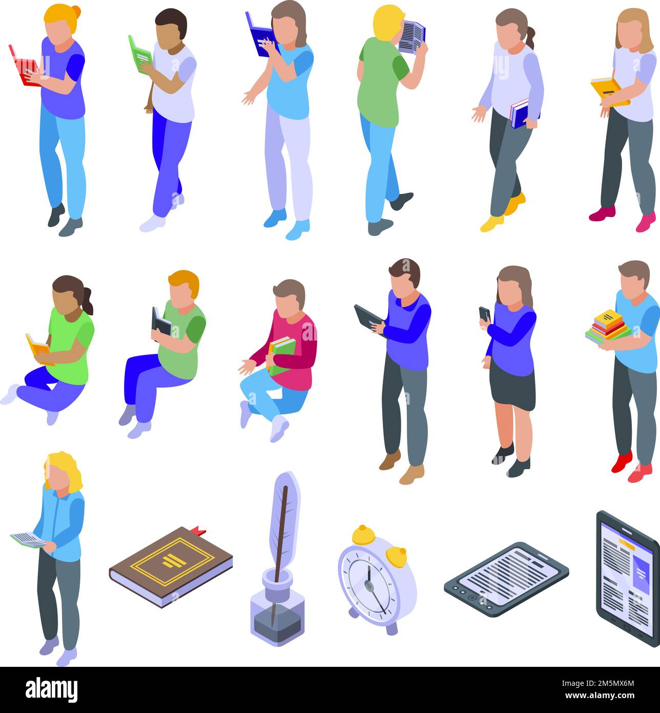 Children reading icons set. Isometric set of children reading vector ...