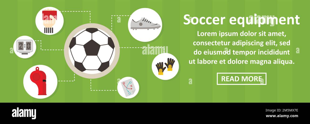 Soccer equipment banner horizontal concept. Flat illustration of soccer ...