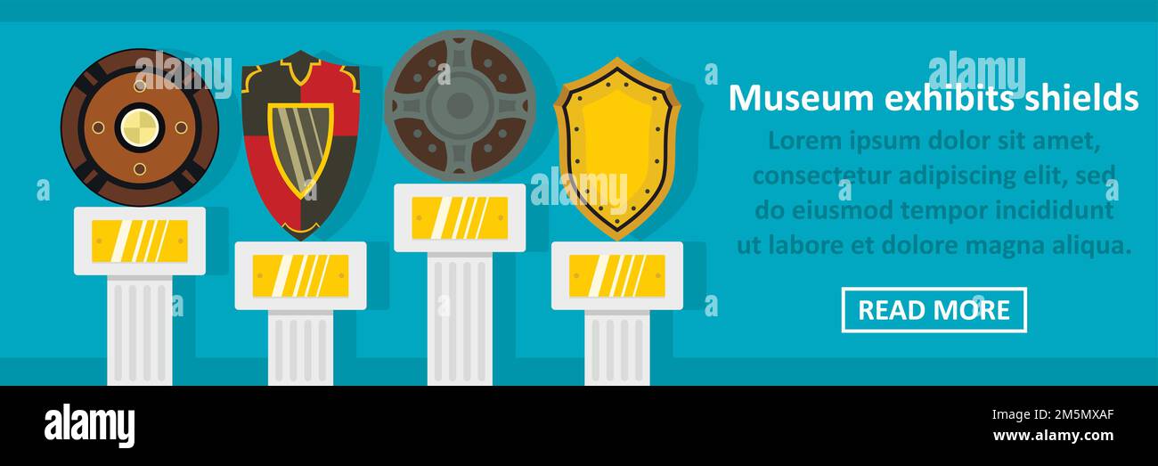 Museum exhibits shields banner horizontal concept. Flat illustration of ...