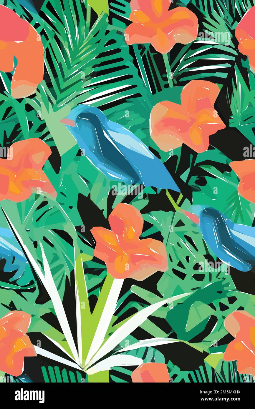 Colorful illustration of bird, flowers, leaves. Vector for wallpapers ...