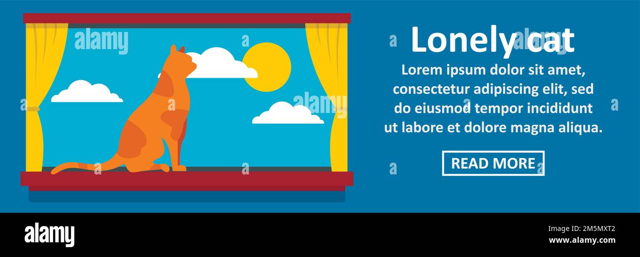 Lonely cat banner horizontal concept. Flat illustration of lonely cat ...