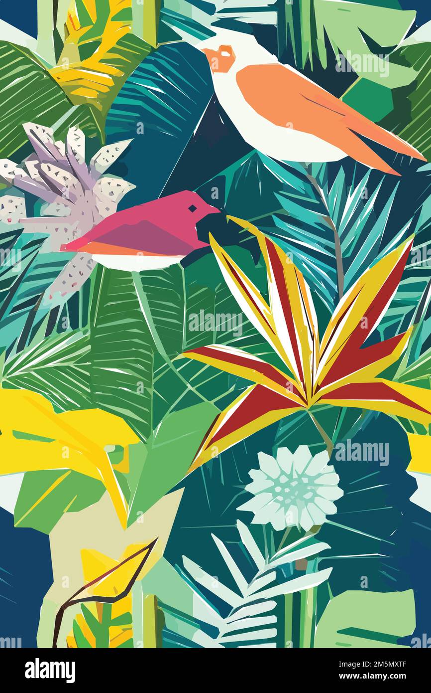 Colorful illustration of bird, flowers, leaves. Vector for wallpapers ...