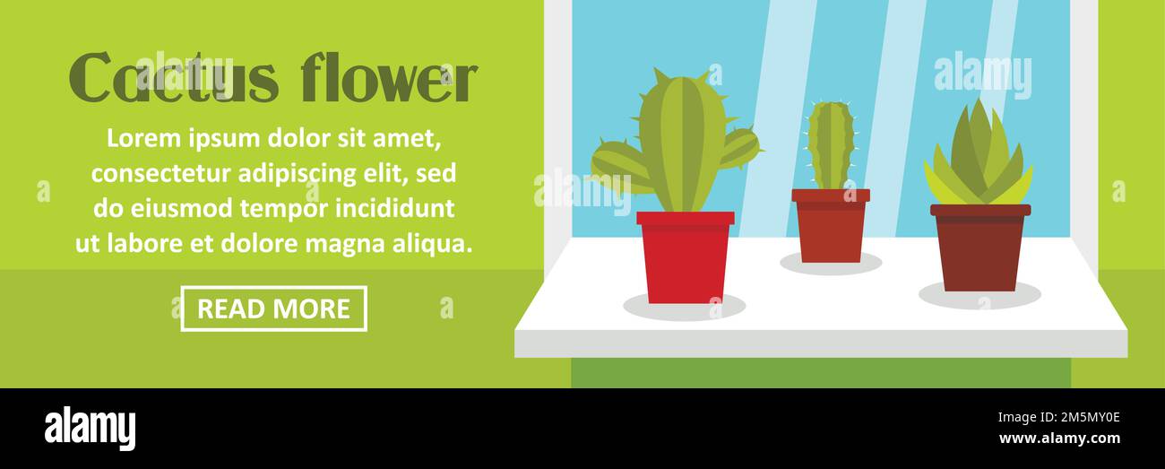 Cactus flower banner horizontal concept. Flat illustration of cactus ...