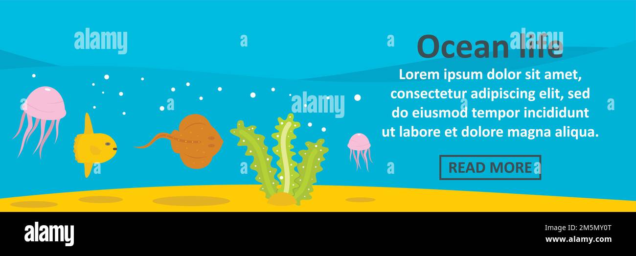 Ocean life banner horizontal concept. Flat illustration of ocean life ...