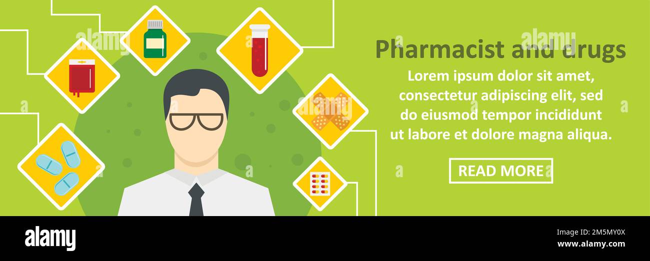 Pharmacist and drugs banner horizontal concept. Flat illustration of ...