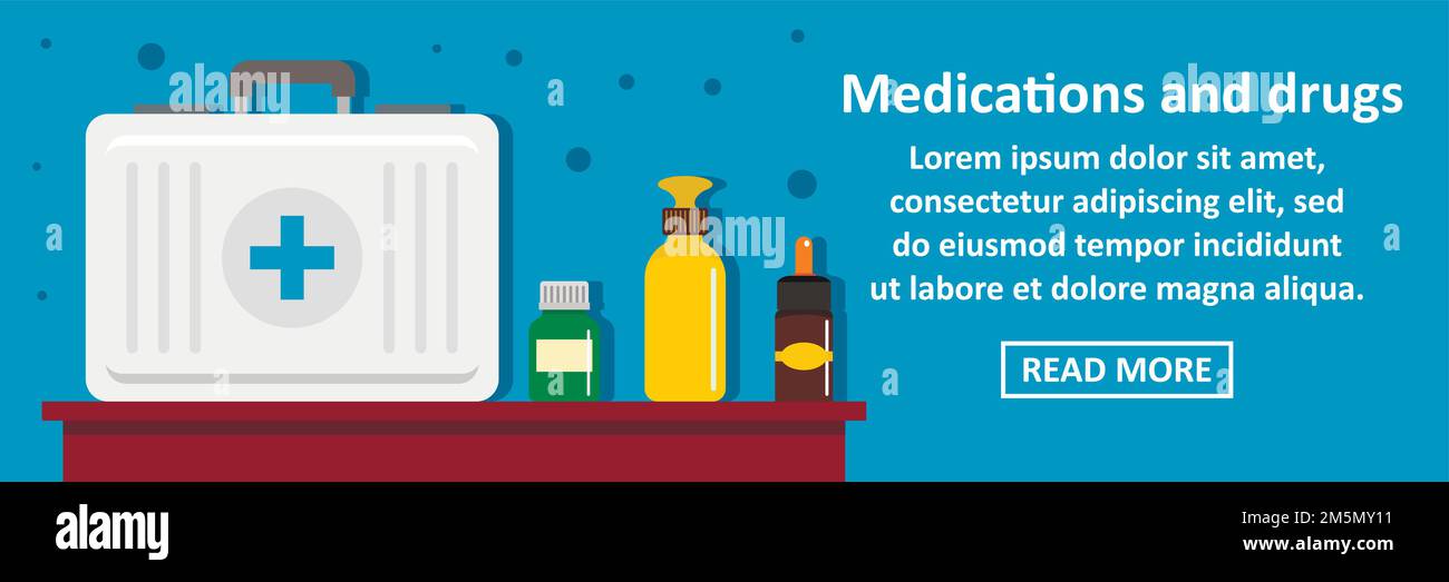 Medications and drugs banner horizontal concept. Flat illustration of ...