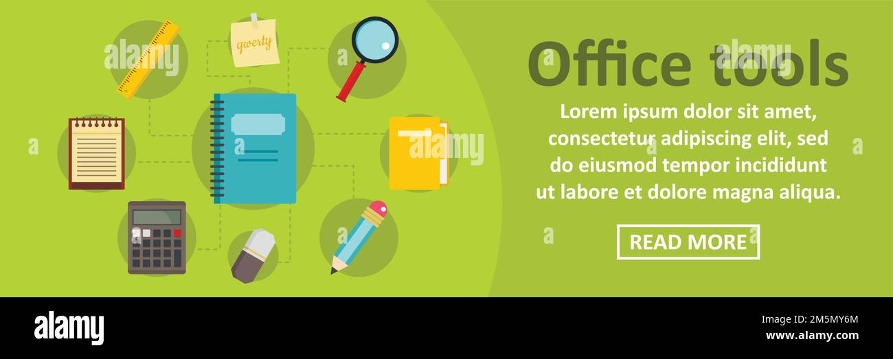 Office tools banner horizontal concept. Flat illustration of office ...